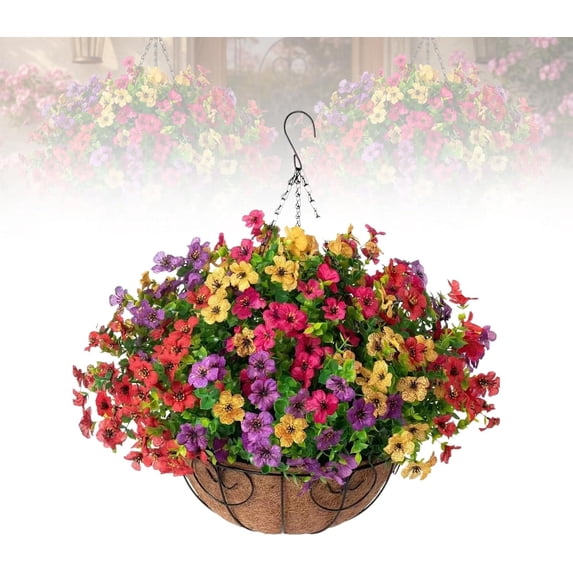 Artificial Outdoor Flowers with Hanging Basket, 24 Pcs Faux Silk Flower ...