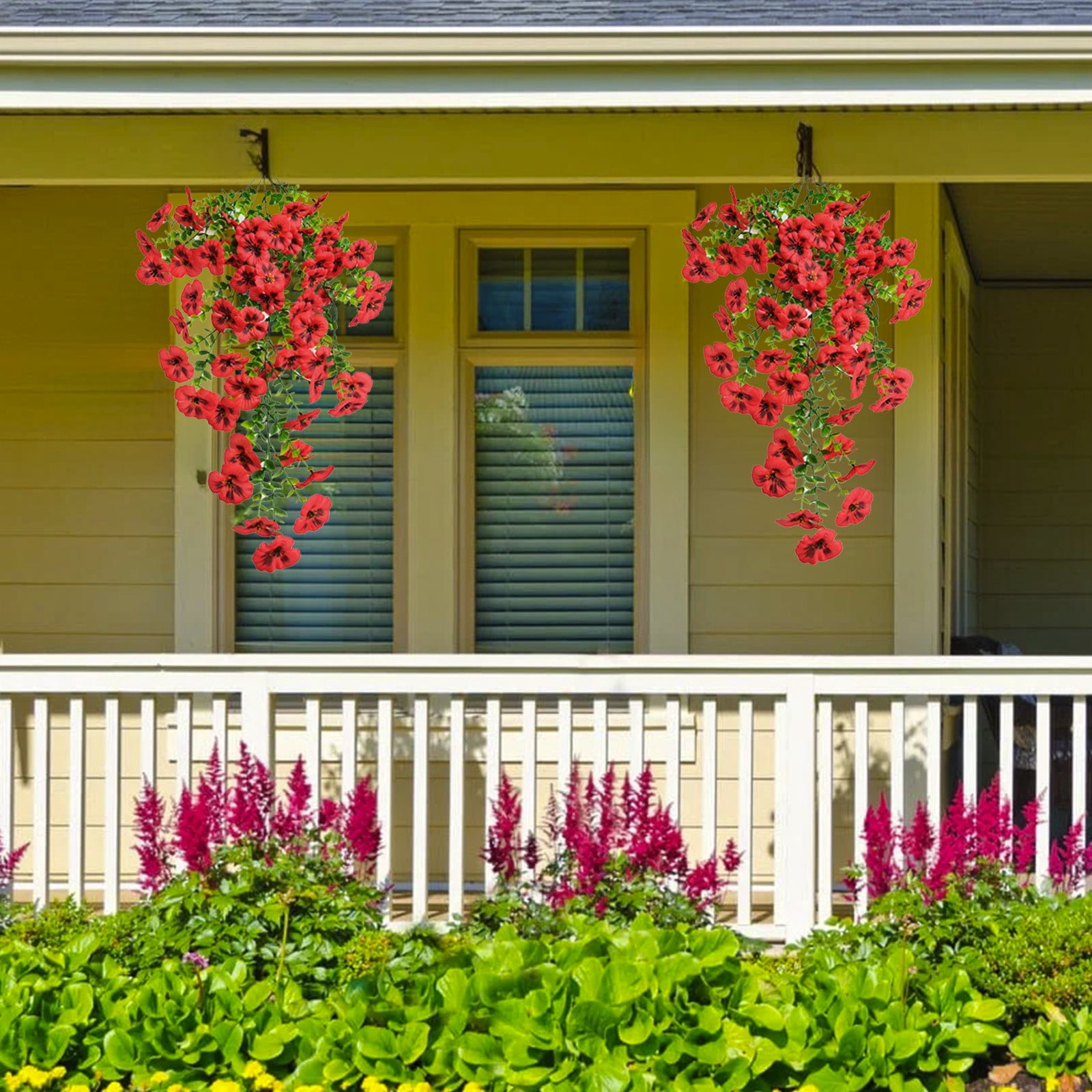 Artificial Pansy Hanging Flowers Outdoor Fake Plants Red 29.5in for ...