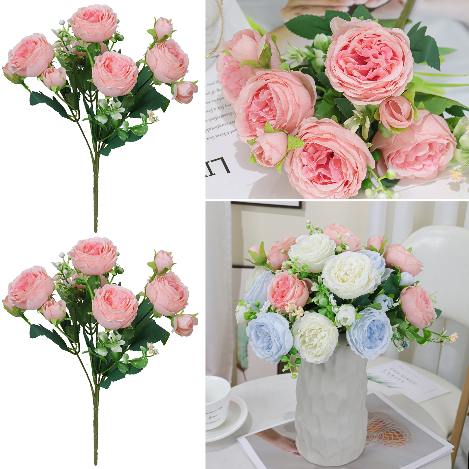 Artificial Peonies Flowers 2 Bundles Pink Faux Peony Bouquet Silk Fake ...