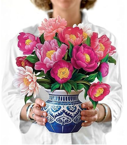 Artificial Peony Bouquet with Blue White Ceramic Vase, Real Touch Faux ...