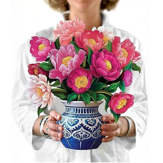 Artificial Peony Bouquet with Blue White Ceramic Vase, Real Touch Faux ...