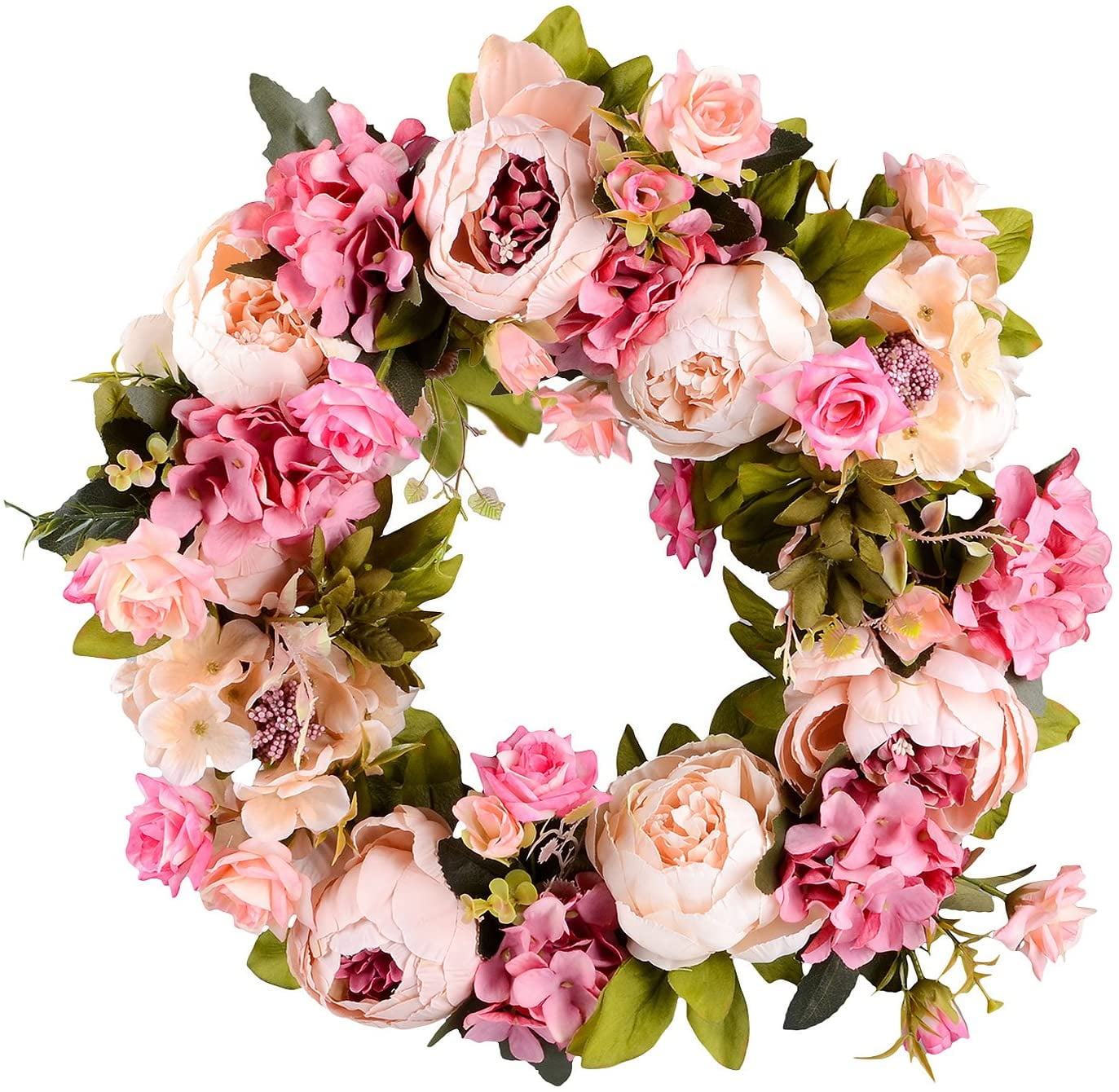 Artificial Peony Flower Wreath - 15" Pink Flower Door Wreath with Green ...