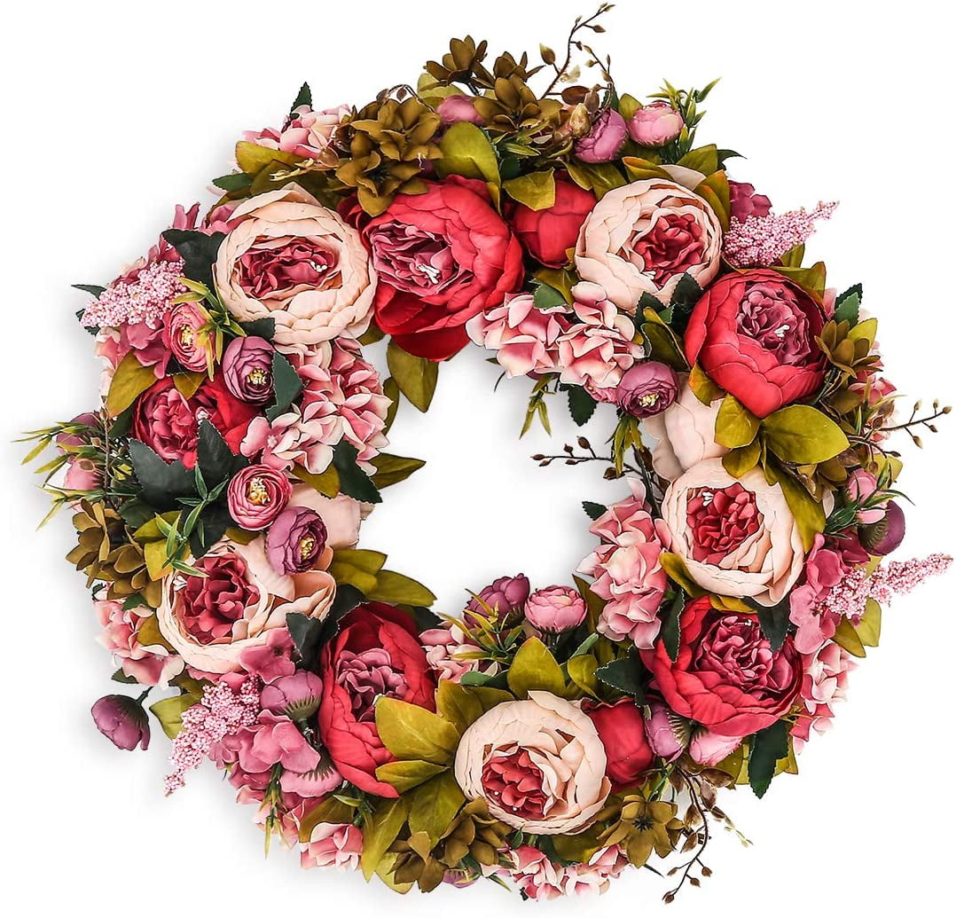 Artificial Peony Flower Wreath 19Inch Vintage Blooming Silk Peonies ...