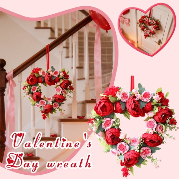 Artificial Peony Rose Heart Shaped Wreath Silk Flower Door Wall Hanging ...