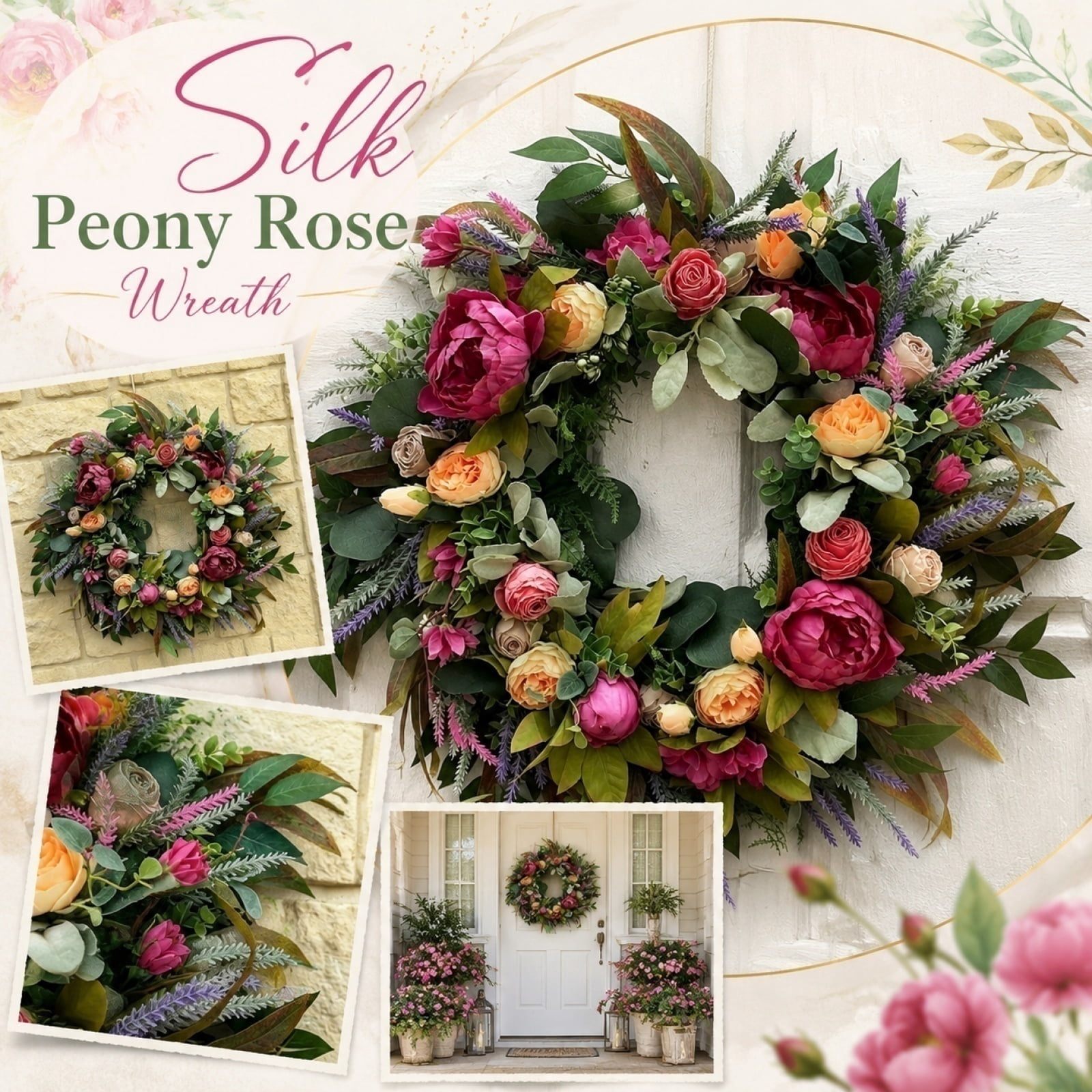 Artificial Peony Rose Wreath 45cm Silk Flower Door Wreath with Green ...