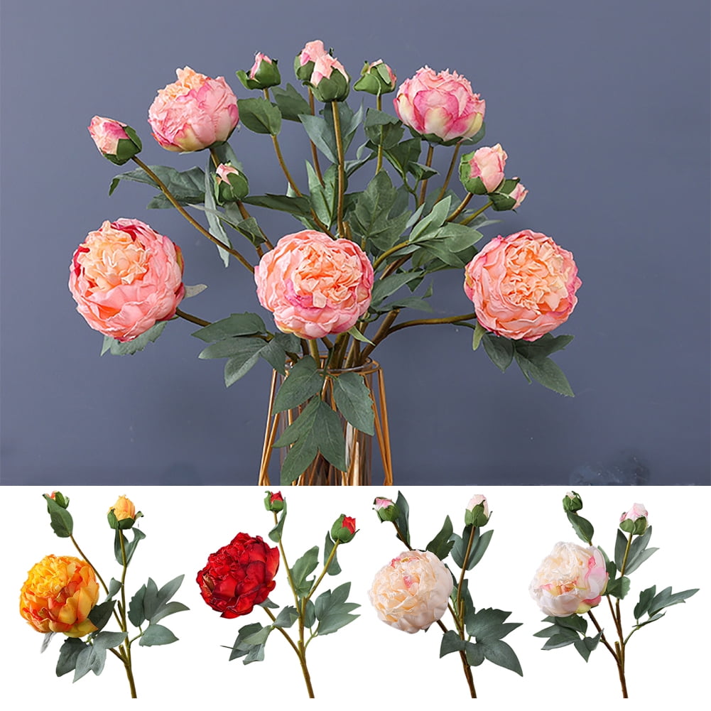 Artificial Peony Silk Flower Leaf Fake Peony Silk Flowers Long Stem 3-Head Vintage Peony Silk ...