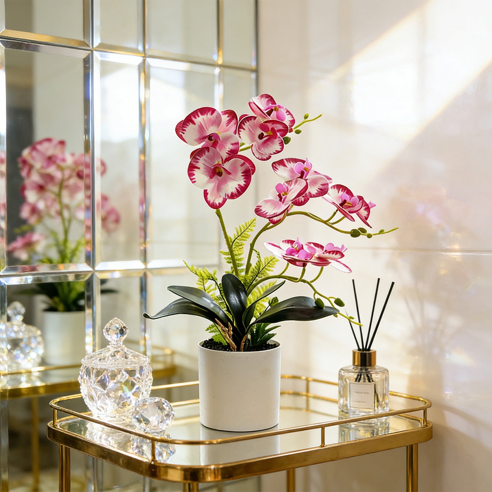 Artificial Phalaenopsis Orchid Bonsai in Plastic Pot, Lifelike Silk ...