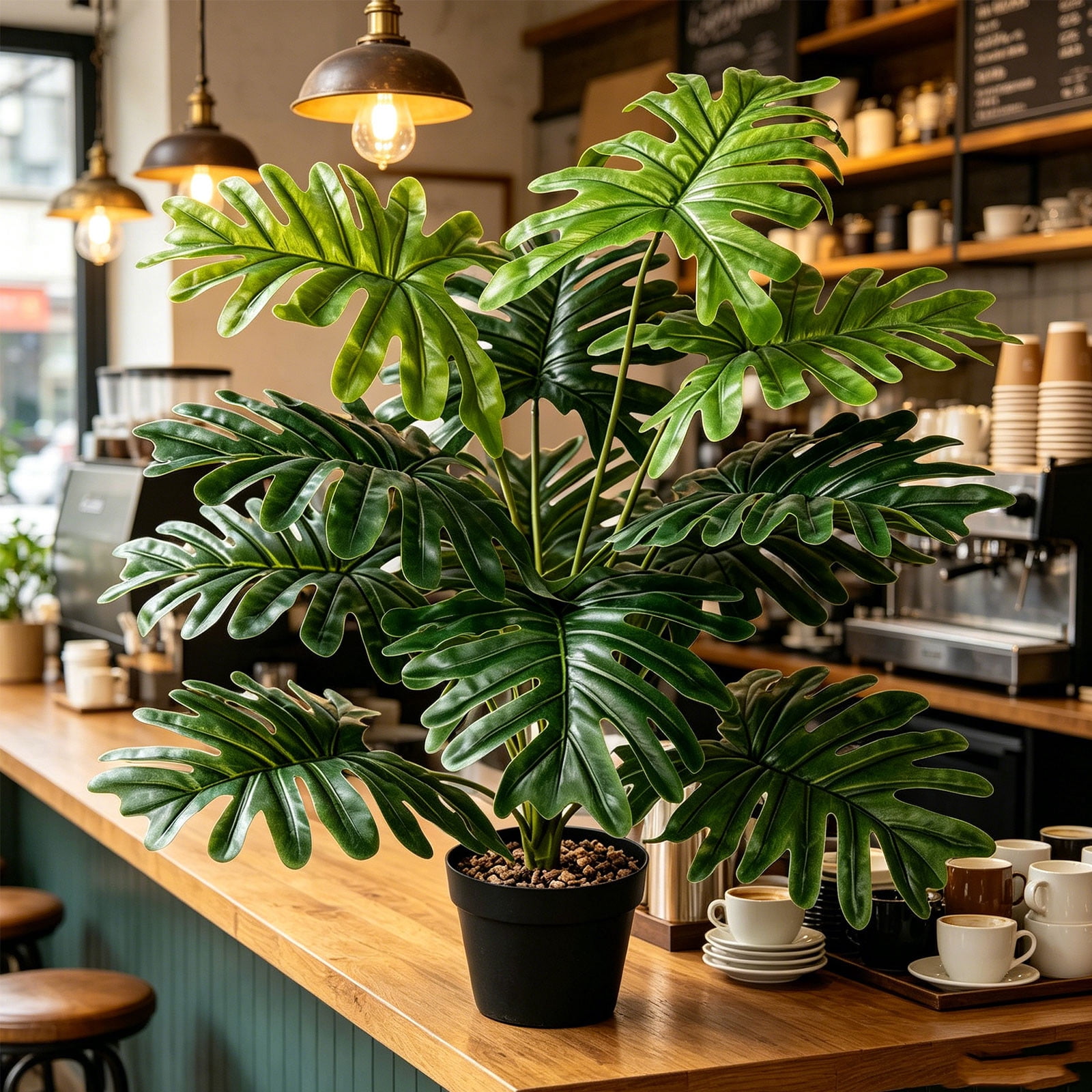 Artificial Philodendron Potted Flower Decor, Realistic Green Foliage ...
