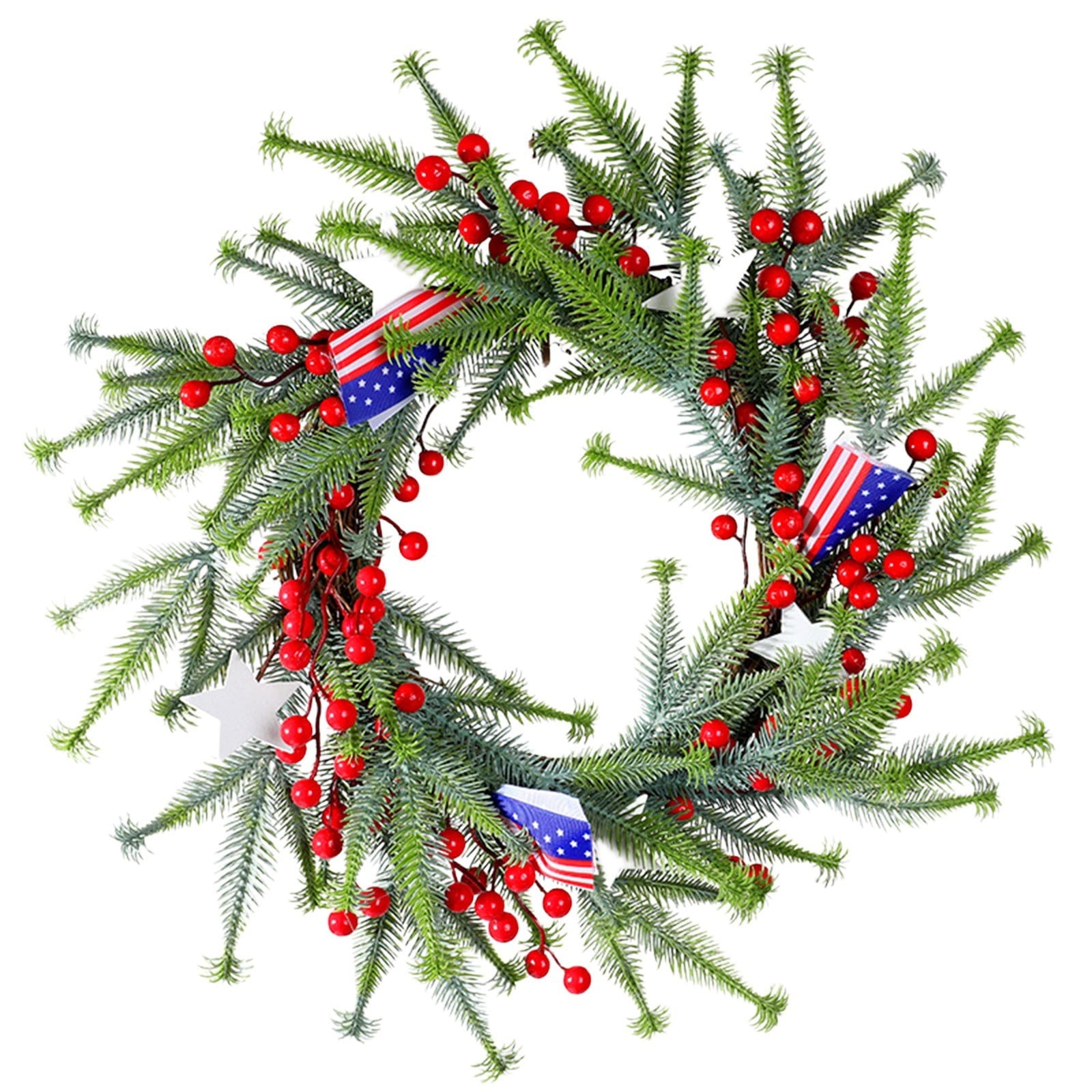 Artificial Pine Wreath with Berries and Flag Printed Accents for Indoor ...