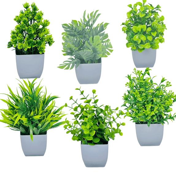 Artificial Plants Set of 6 – Mini Potted Faux Greenery in Gray Pots ...