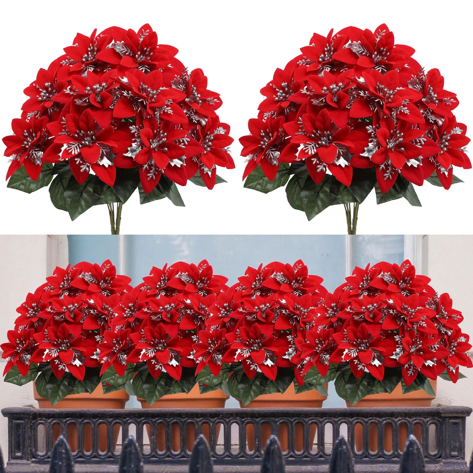 Artificial Poinsettia Flower Bouquet Realistic Silk Floral Arrangement ...