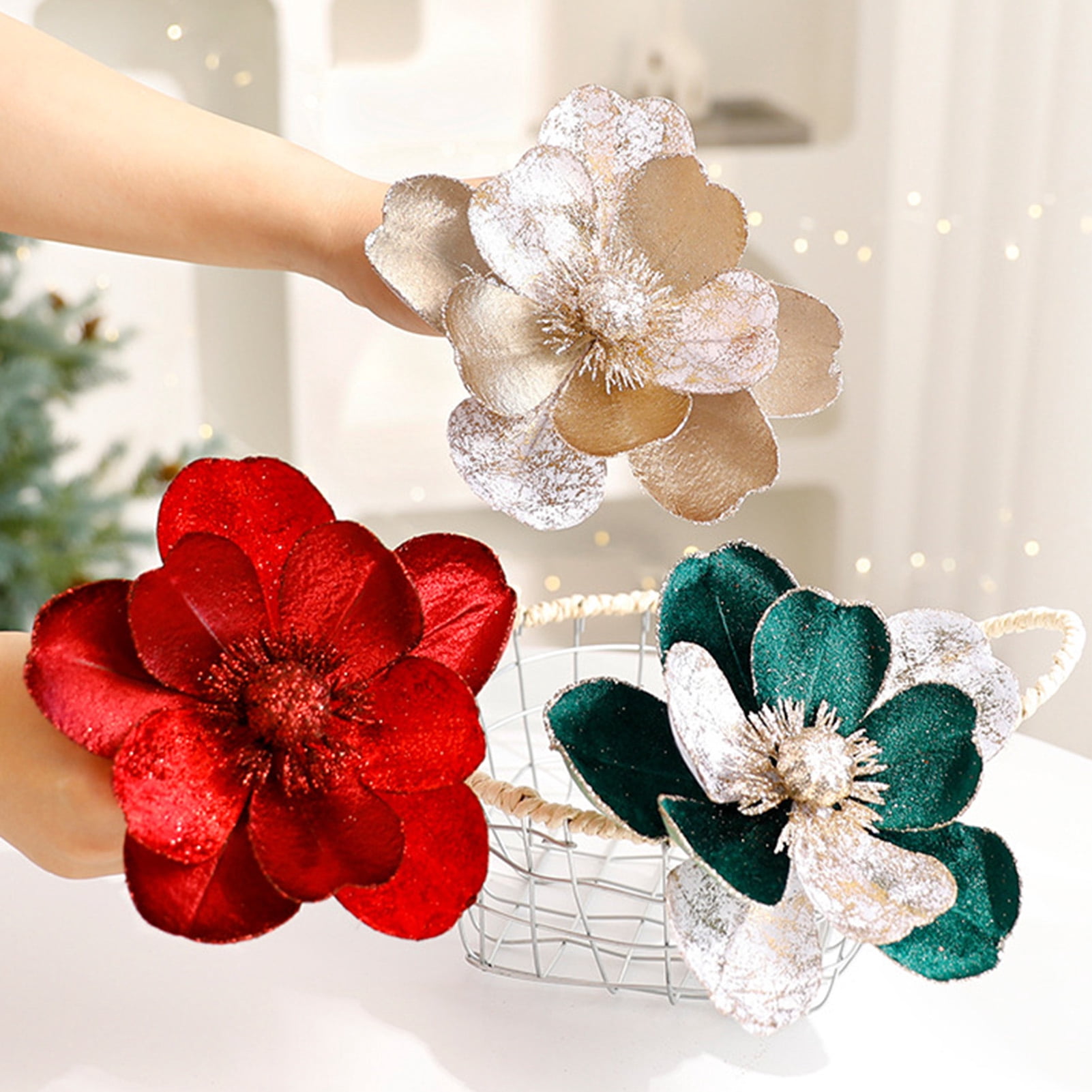 Artificial Poinsettia Flowers Christmas Tree Ornaments Velvet Glitter ...