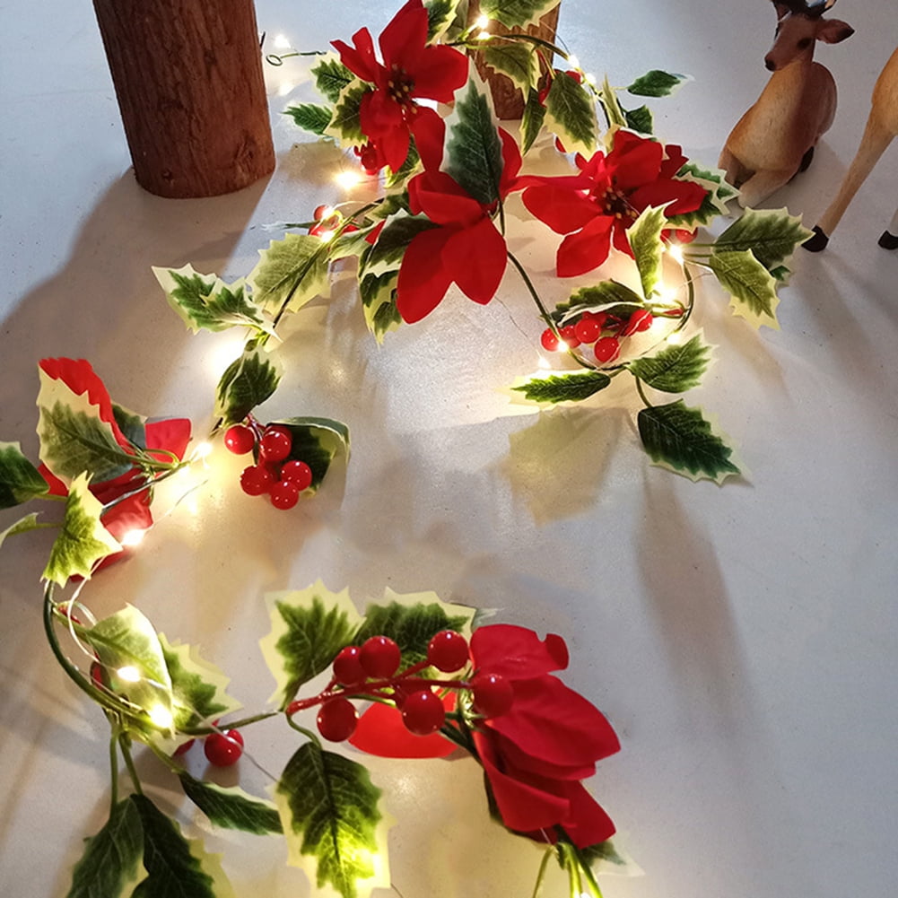 Artificial Poinsettia Garland Decorative String Lights With Red Berries ...