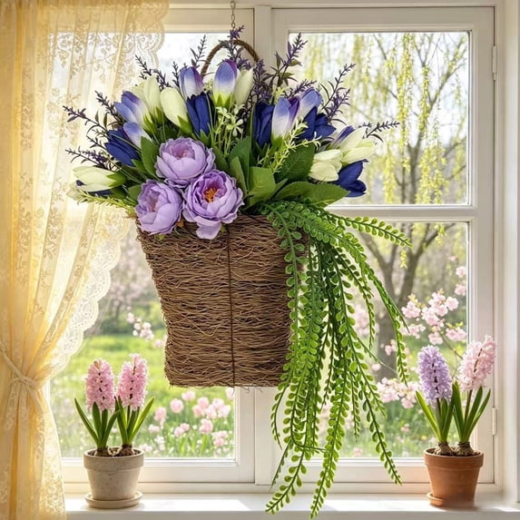 Artificial Purple Tulip & Peony Door Hanging Basket, Spring Floral ...