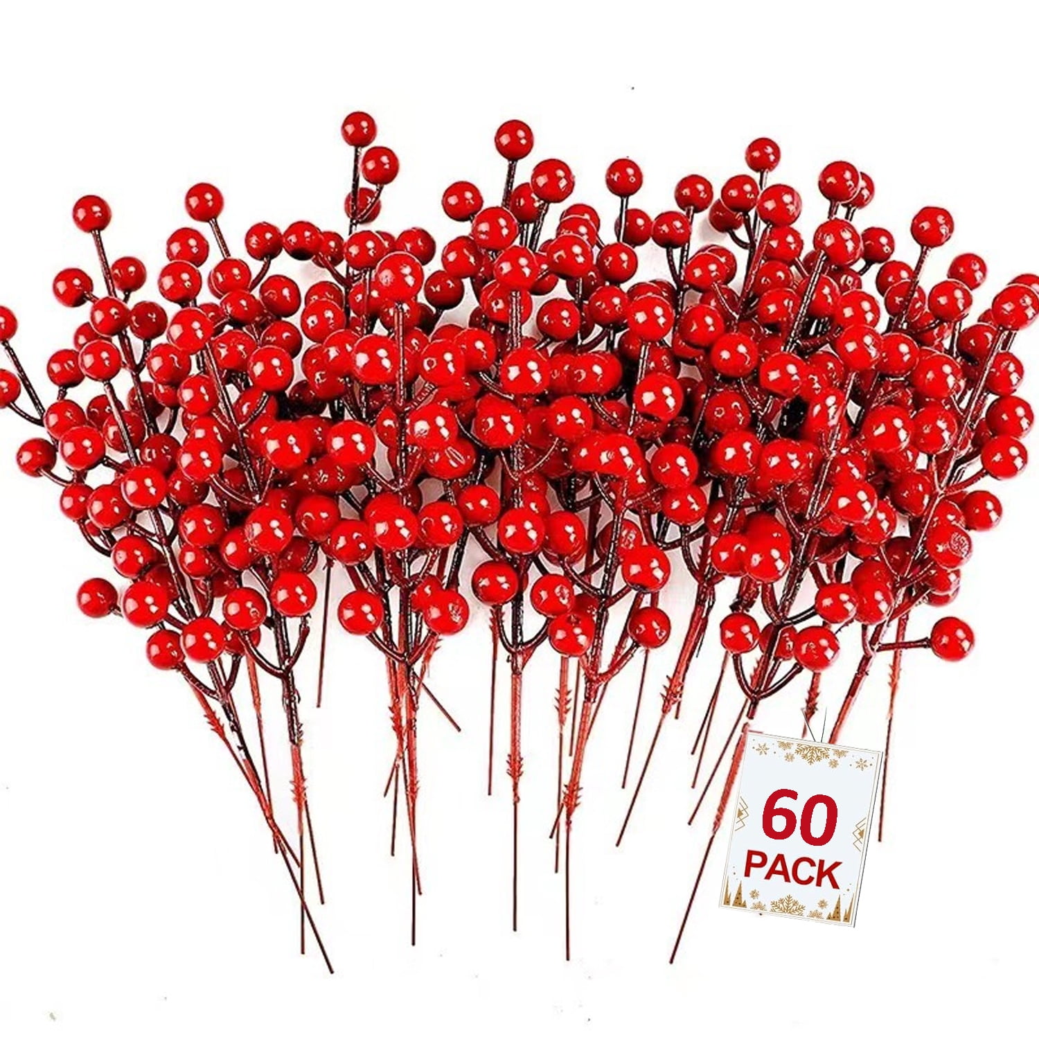 Artificial Red Berry, 60 Pack Holly Christmas Tree Berries Stems for ...