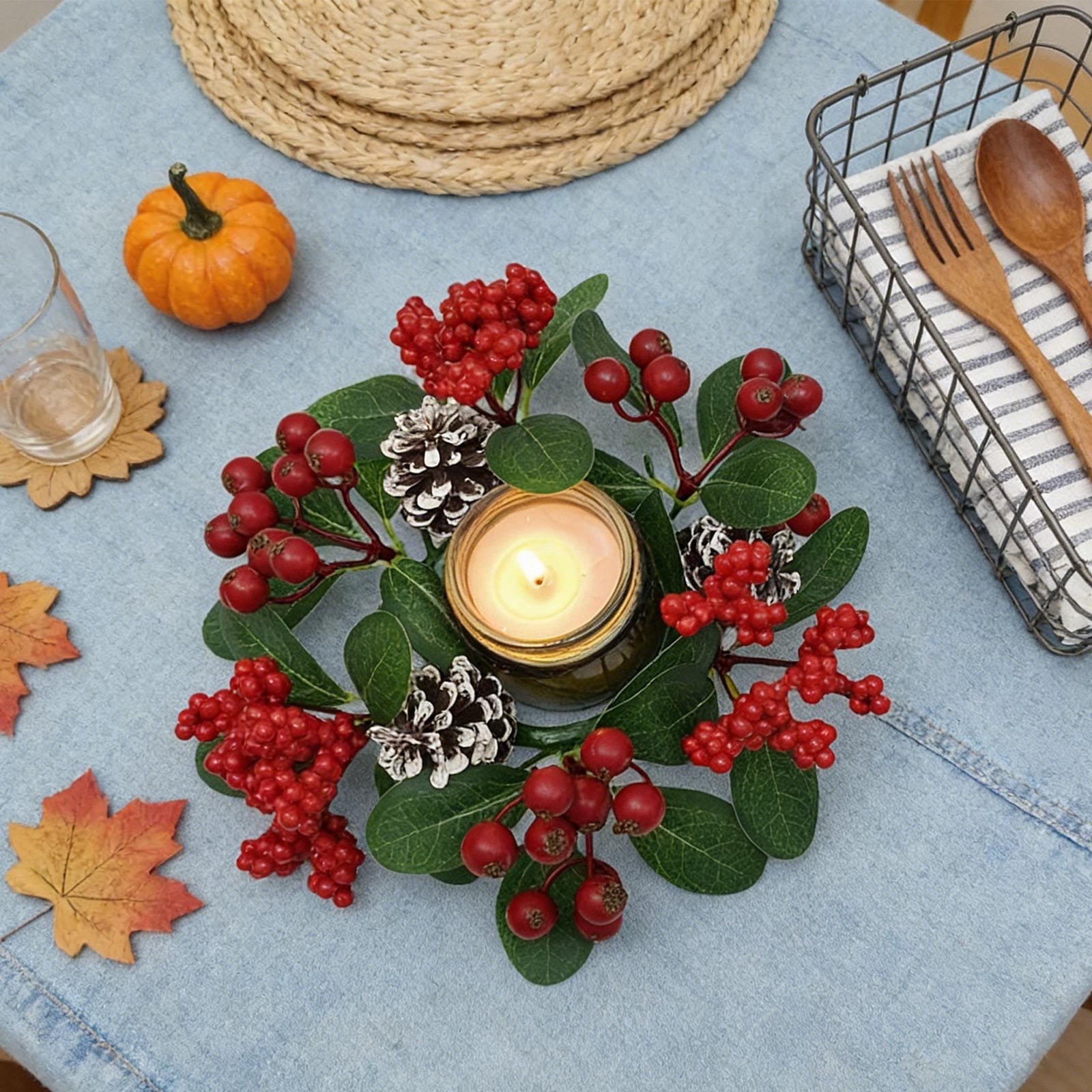 Artificial Red Berry Candleholder Wreath with Frosted Pinecones, 9.8in ...