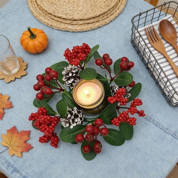 Artificial Red Berry Candleholder Wreath with Frosted Pinecones, 9.8in ...