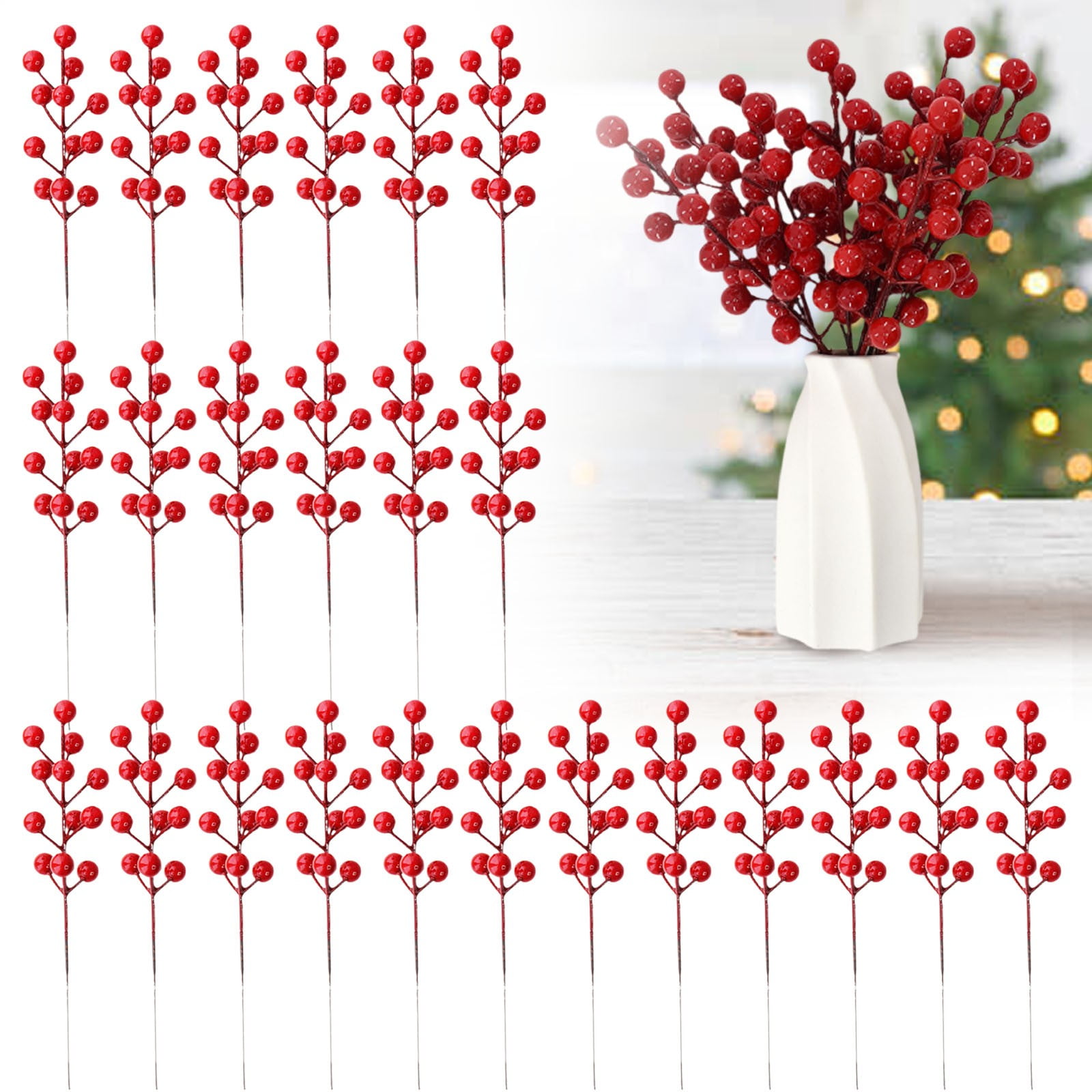 Artificial Red Berry Stems Set of 24 Christmas Picks 8" Decorative ...