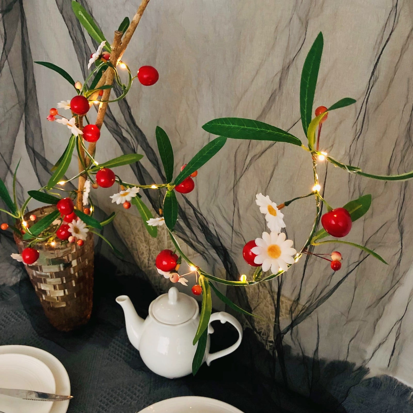 Artificial Red Cherry Vine Garland with LED String Lights,Hanging ...