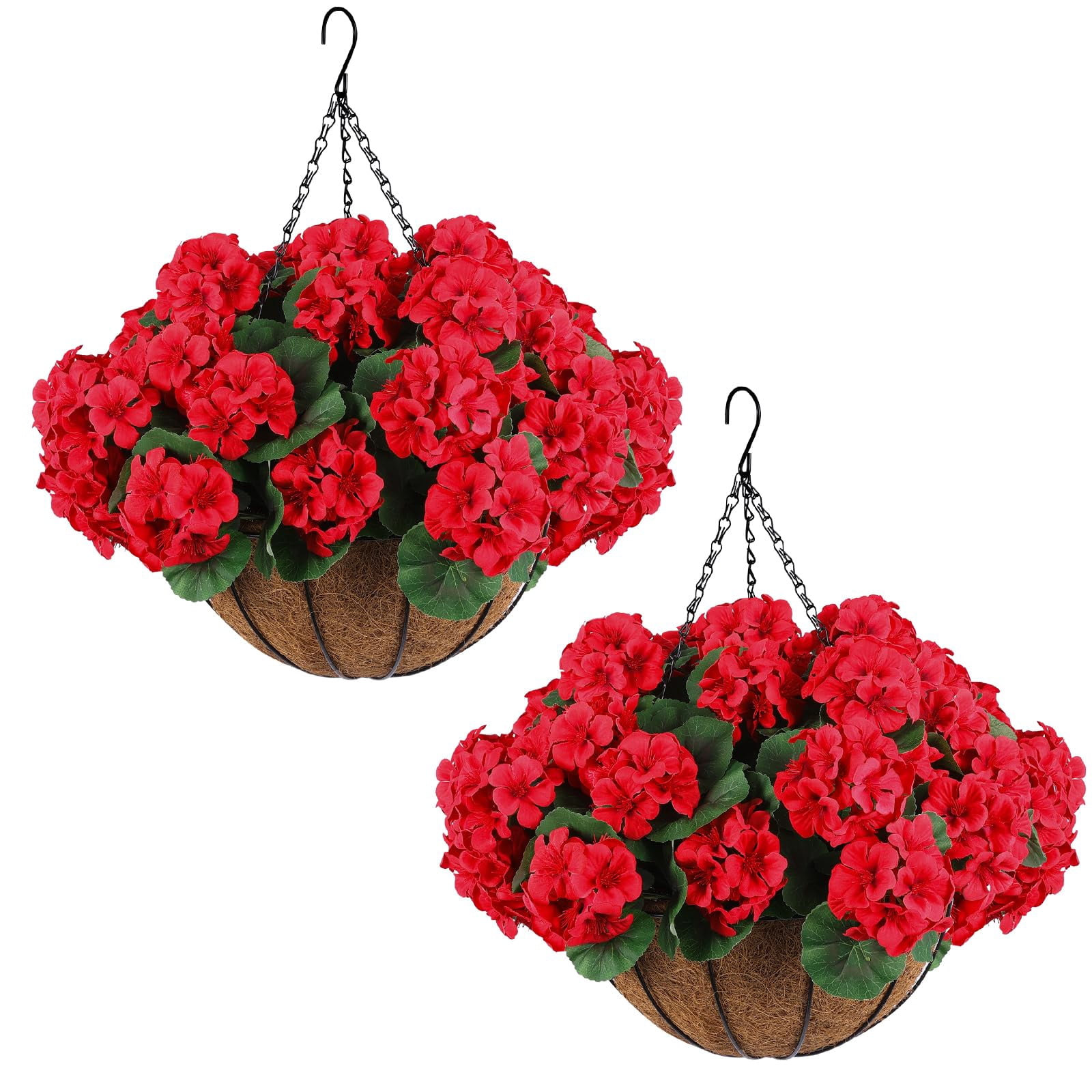 Artificial Red Geranium Flowers 2 Set With Hanging Baskets For Outdoor ...