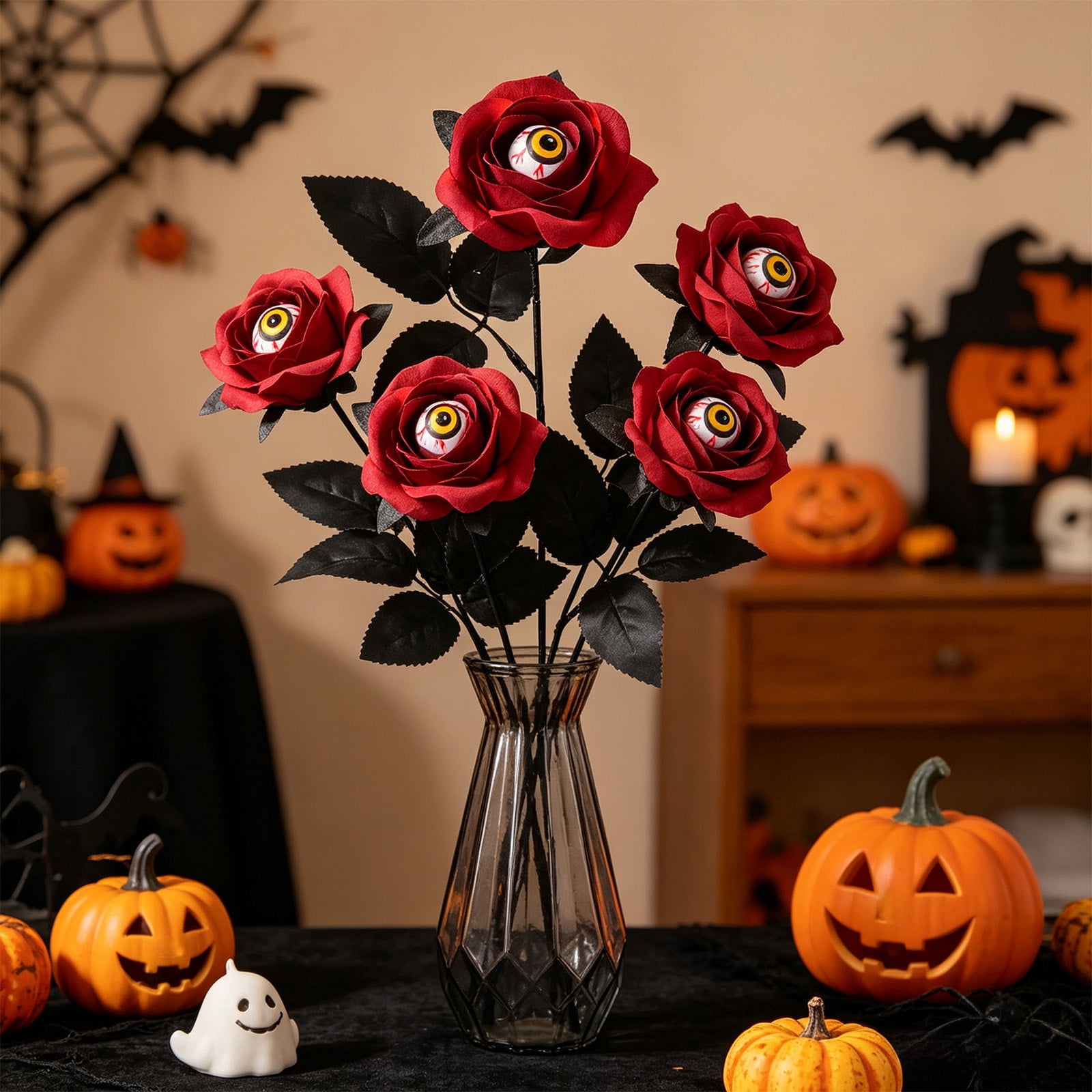 Artificial Red Rose Stem with Eyeball - Halloween Spooky Faux Flower ...