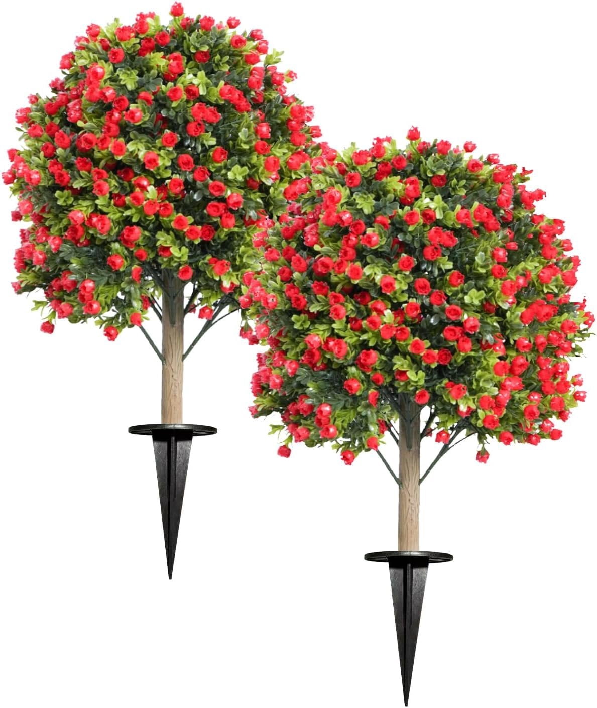 Artificial Red Rose Topiary Ball Tree with Ground Spike, 2 Set of ...