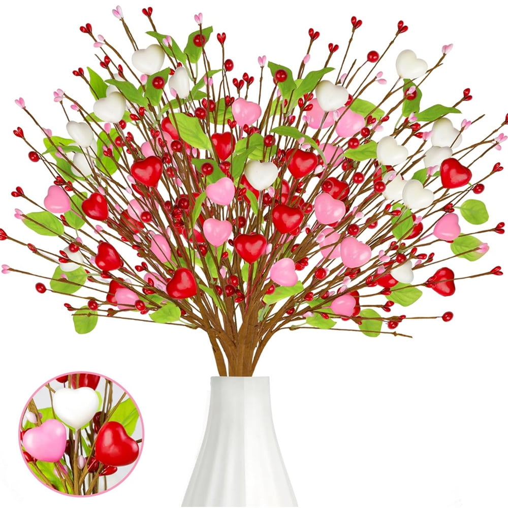 Artificial Red White Pink Heart Berry Stems,Heart Shaped Faux Flowers ...