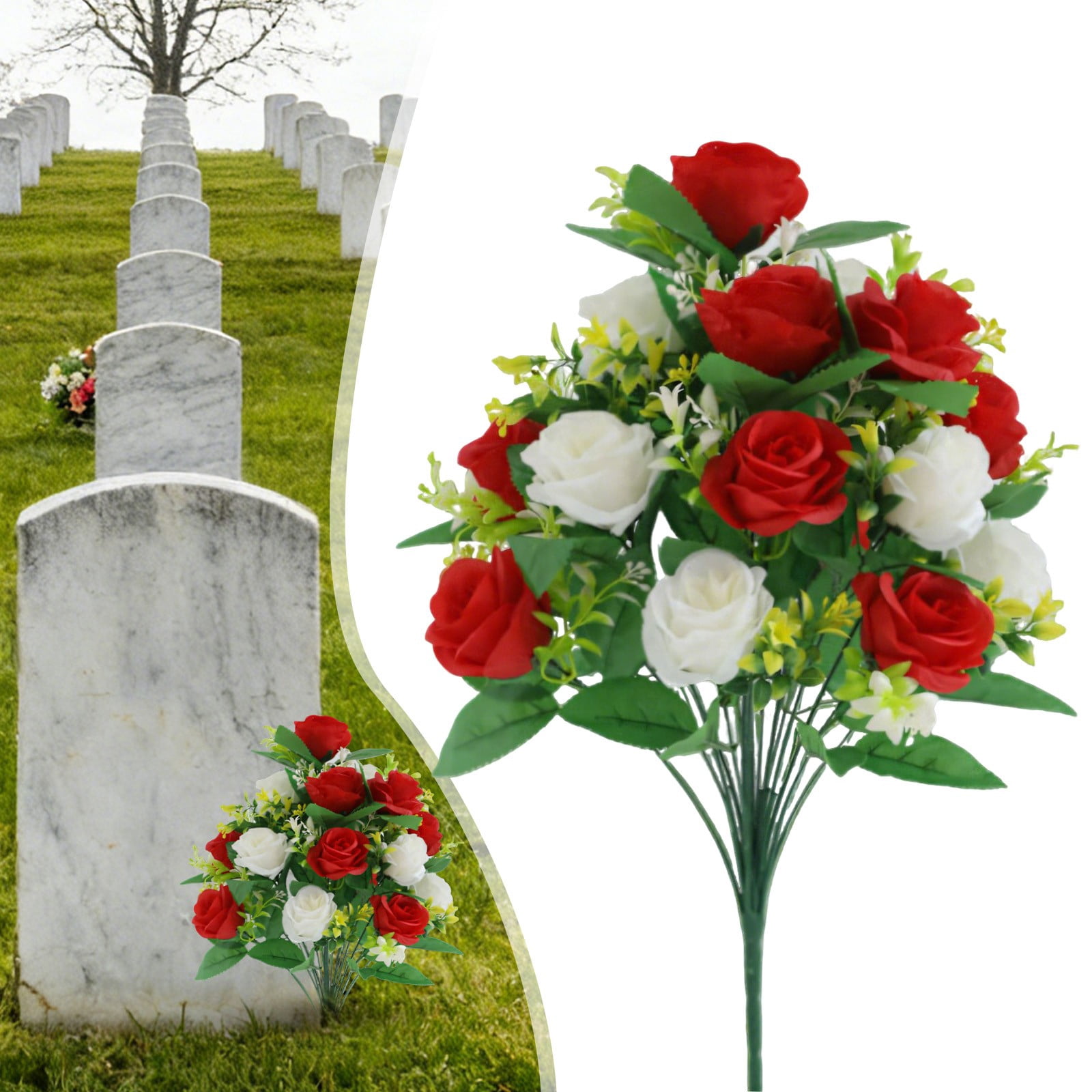 Artificial Red White Rose Cemetery Bouquet, 18 Heads Memorial Flowers ...