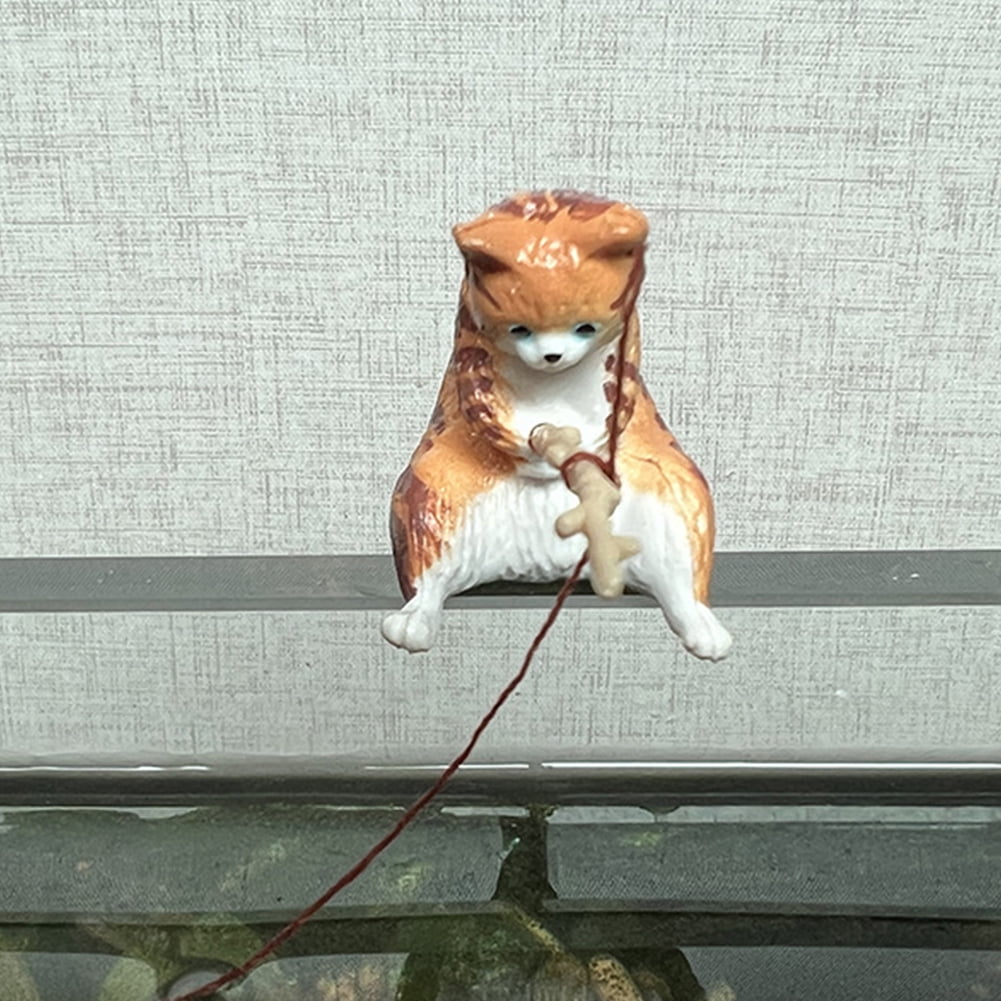 Artificial Resin Ornaments Cat Fishing Shape Layout Props Aquarium Fish ...