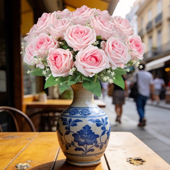 Artificial Rose Bouquet 12.2 in 9-Head Faux Silk Floral Arrangement for ...