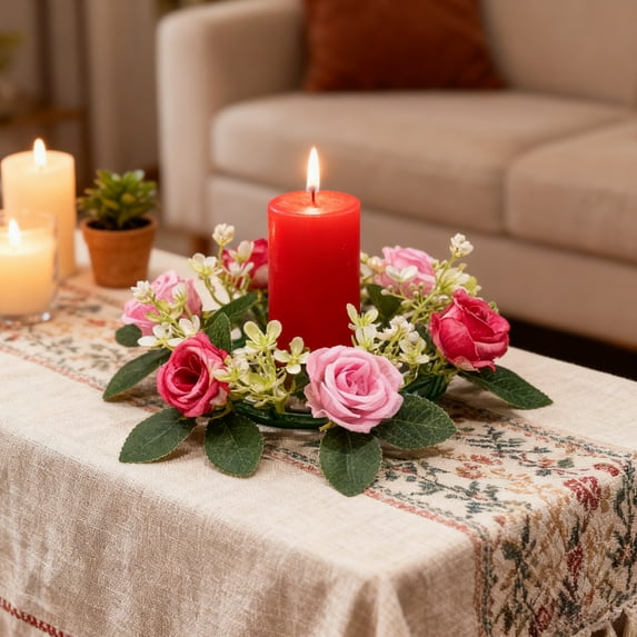 Artificial Rose Candle Holder Wreath - Romantic Tabletop Decor ...