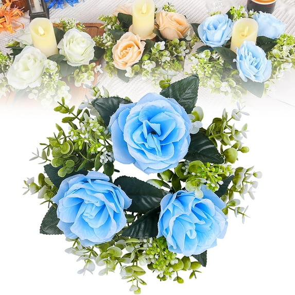 Artificial Rose Candle Ring, Floral Wreath with Greenery & Small Blooms ...