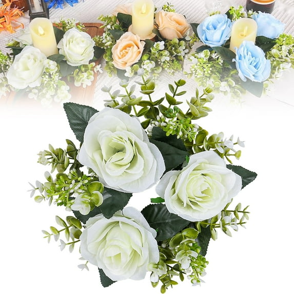 Artificial Rose Candle Ring, Floral Wreath with Greenery & Small Blooms ...
