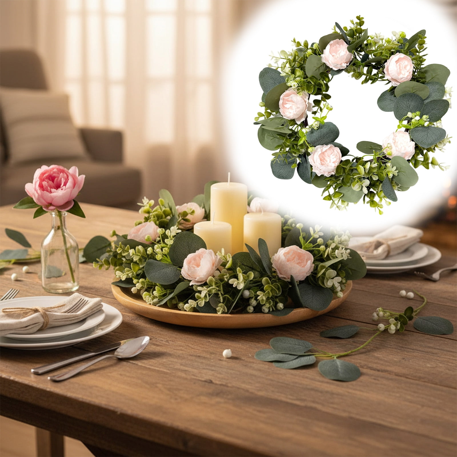 Artificial Rose & Eucalyptus Wreath (13.77in) Handmade Front Door Wall ...