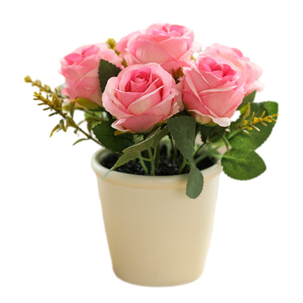 Artificial Rose Flowers Bonsai Small Flower Pot Rose Fake Potted For ...
