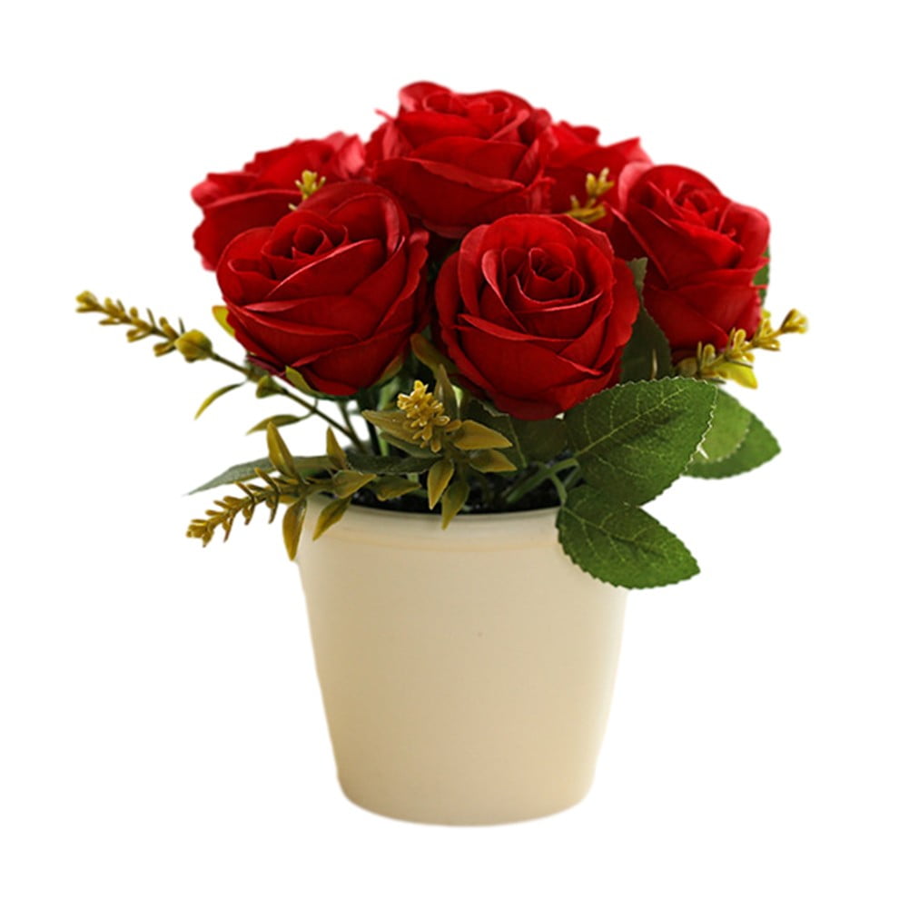 Artificial Rose Flowers Bonsai Small Flower Pot Rose Fake Potted For ...
