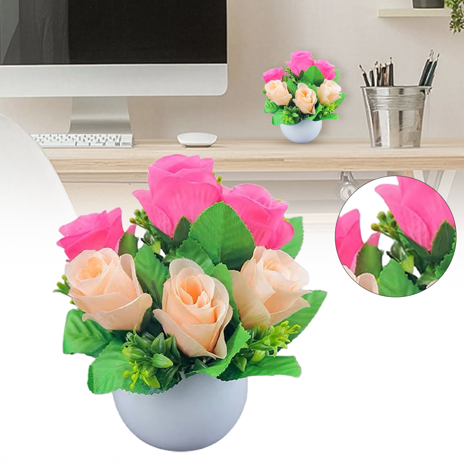 Artificial Rose Flowers, Faux Potted Rose Plant for Home Office Decor ...