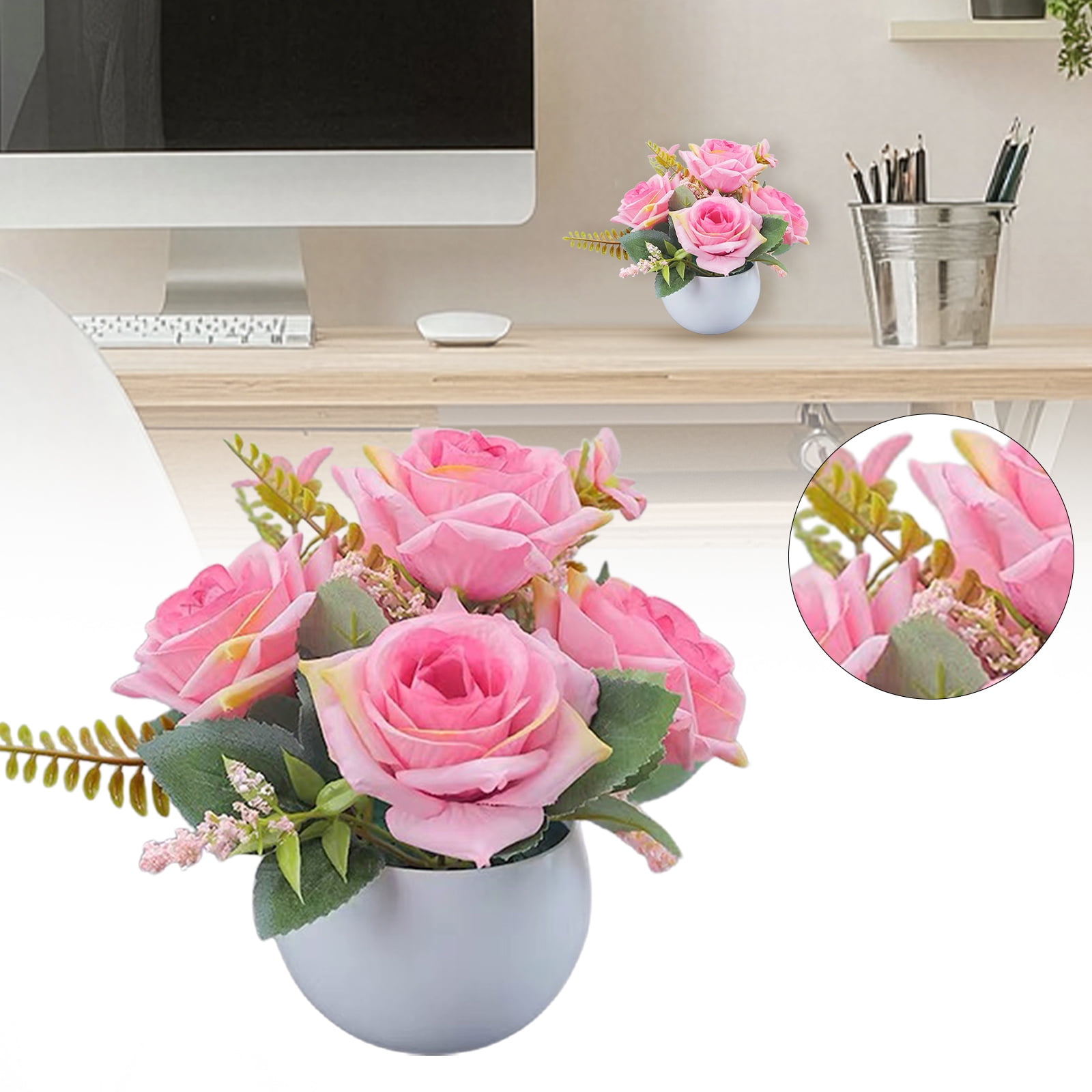 Artificial Rose Flowers, Faux Potted Rose Plant for Home Office Decor ...