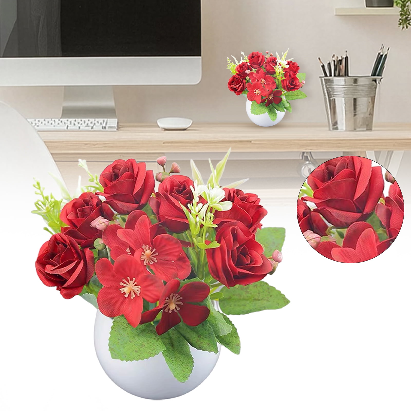 Artificial Rose Flowers, Faux Potted Rose Plant for Home Office Decor ...