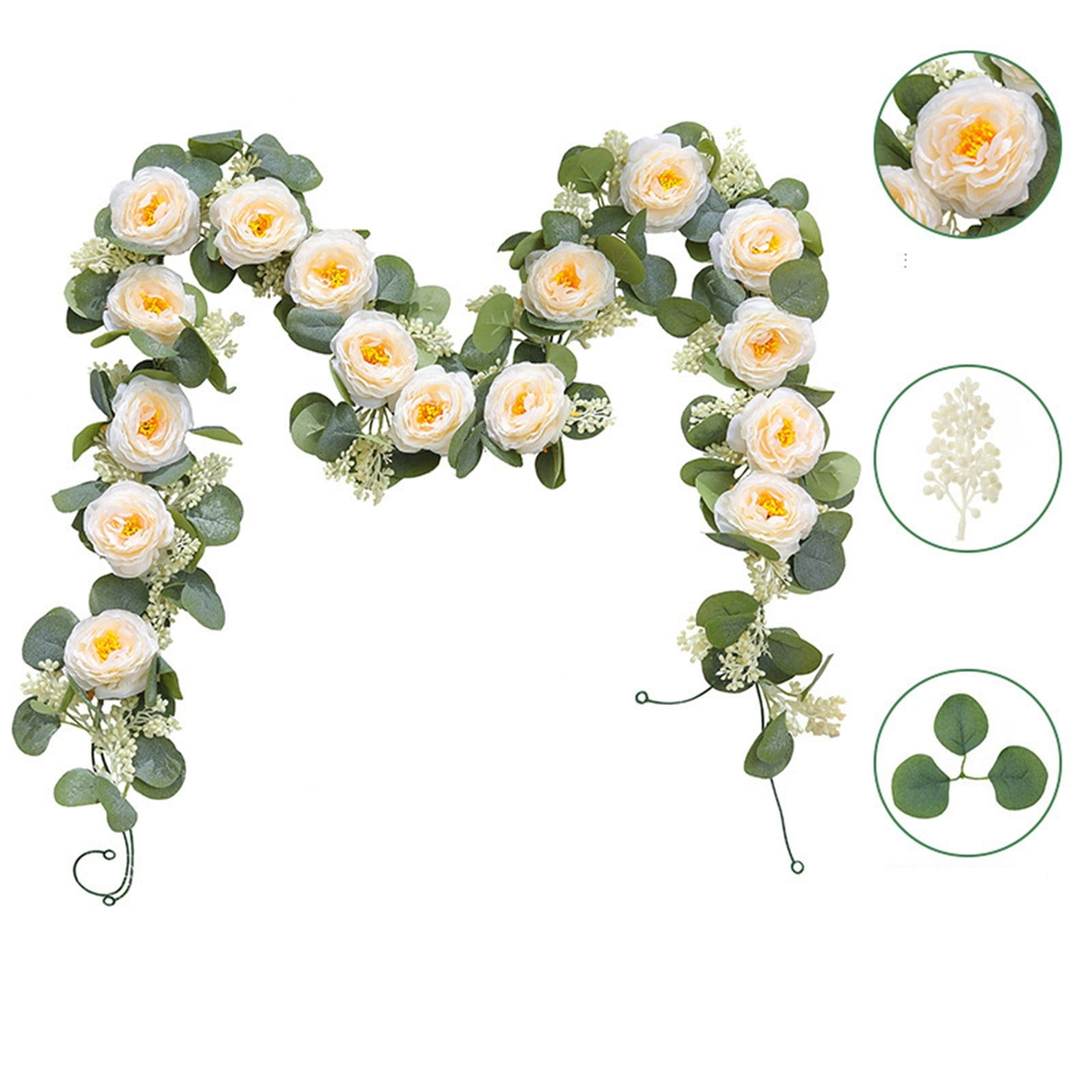 Artificial Rose Garland with Eucalyptus Leaves, 6.6ft Silk Flower ...