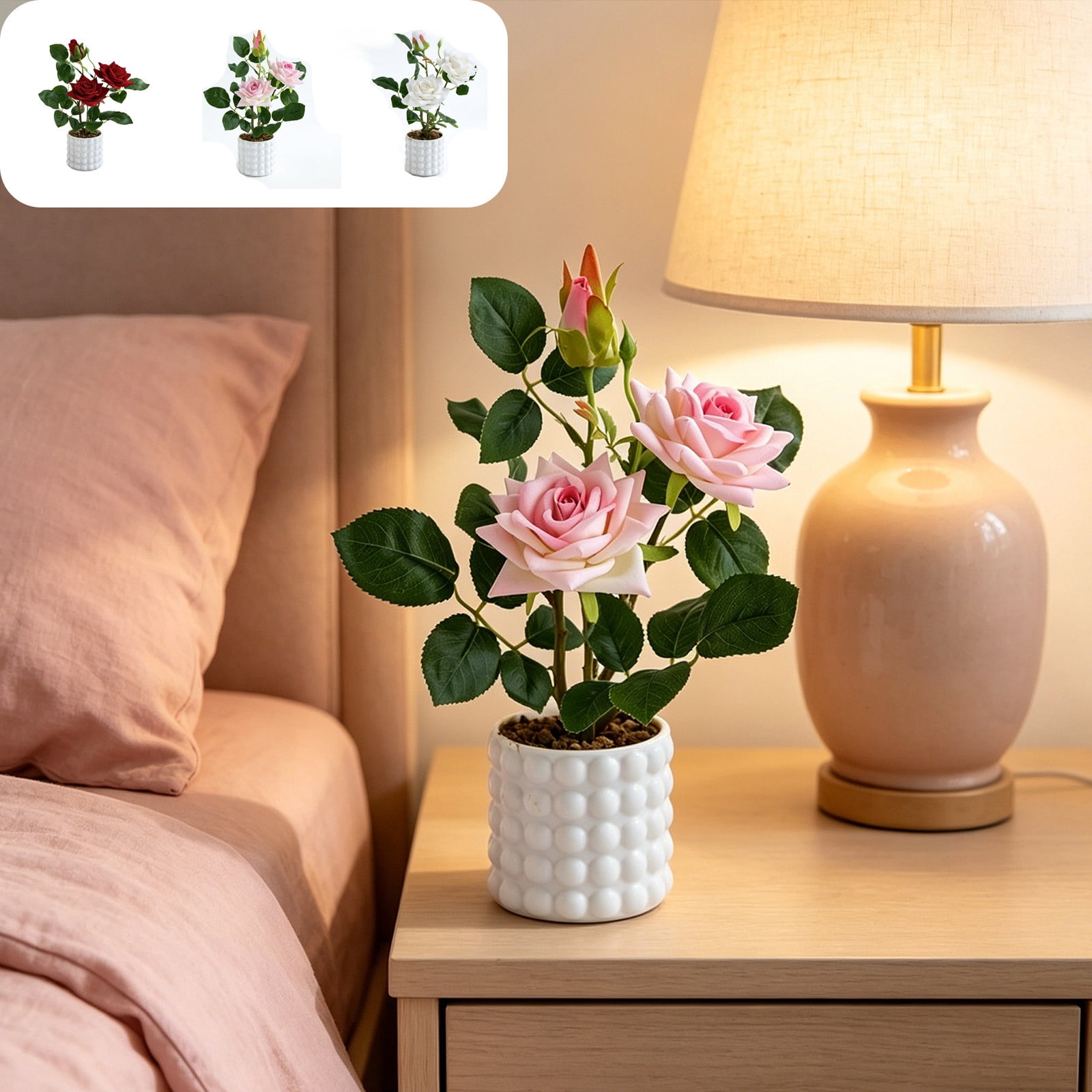 Artificial Rose Mini Bonsai Faux Potted Plant Home Decor Silk Flowers ...