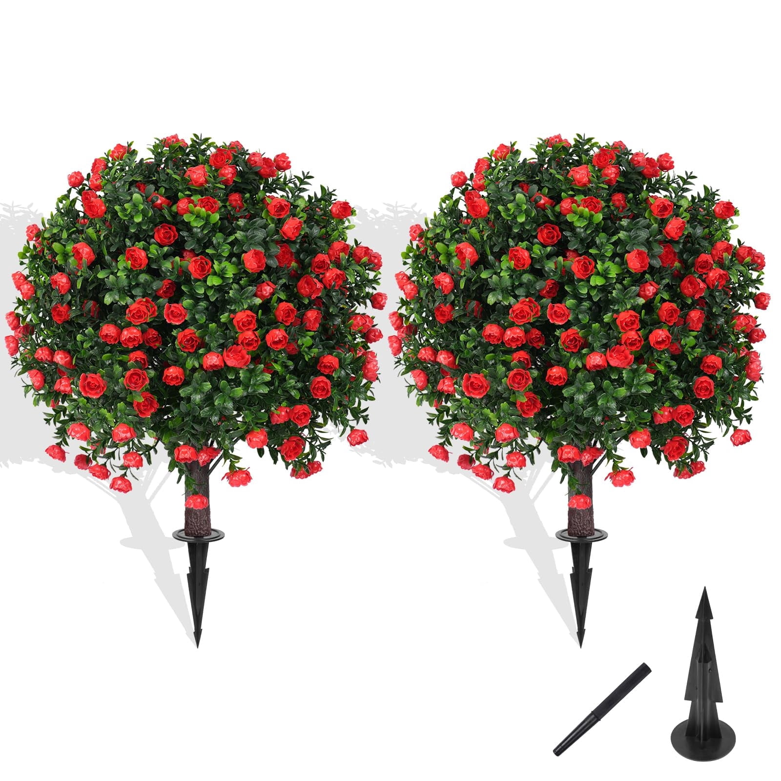Artificial Rose Topiary Trees, 17 Inch UV-Resistant Red Flowers, Set of ...
