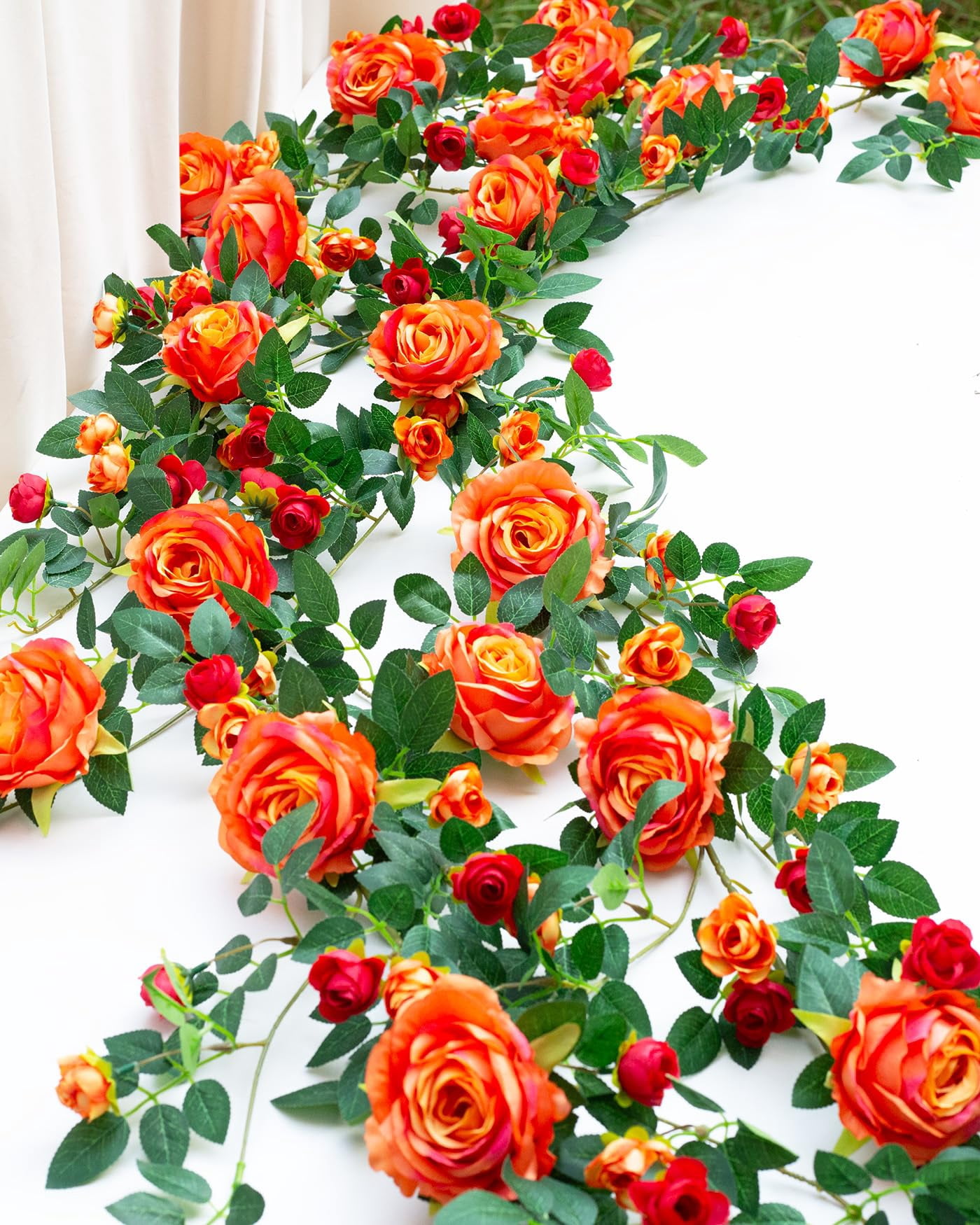 Artificial Rose Vine Garland Orange 2pcs Bendable Hanging Floral ...