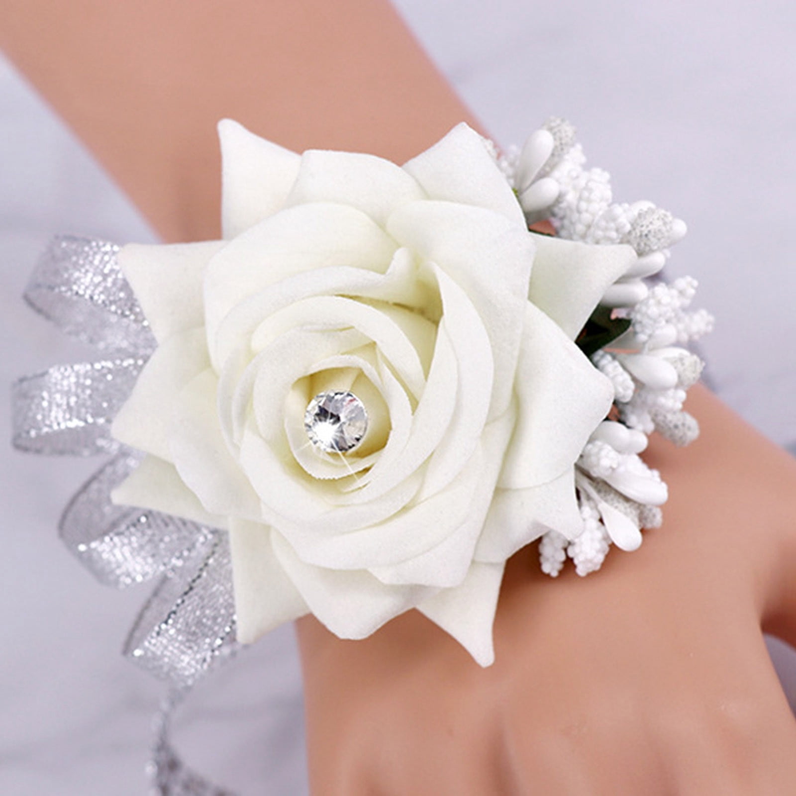 Artificial Rose Wedding Corsage Wrist Set | Silk Rose + Crystal ...
