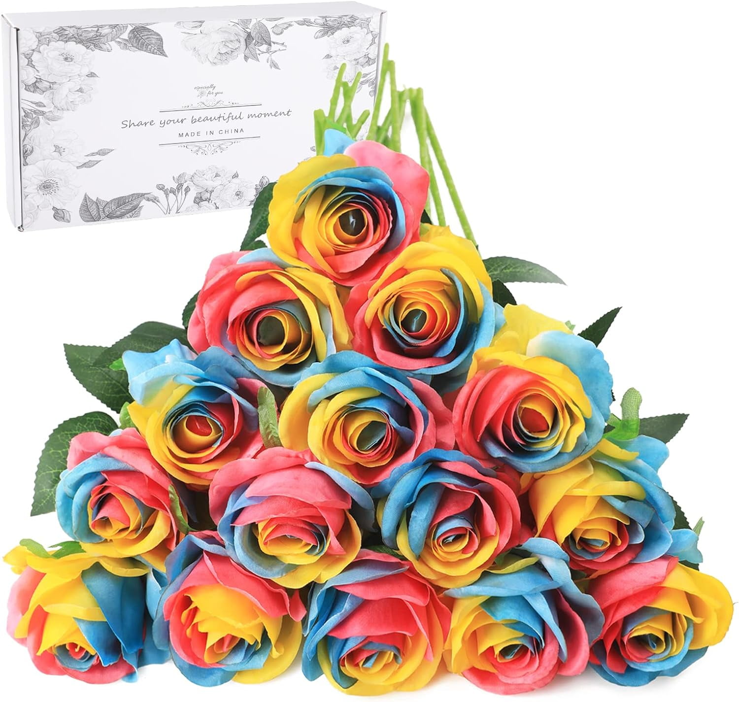 Artificial Roses with Box Silk Flowers Fake Roses Real Touch Bouquet ...