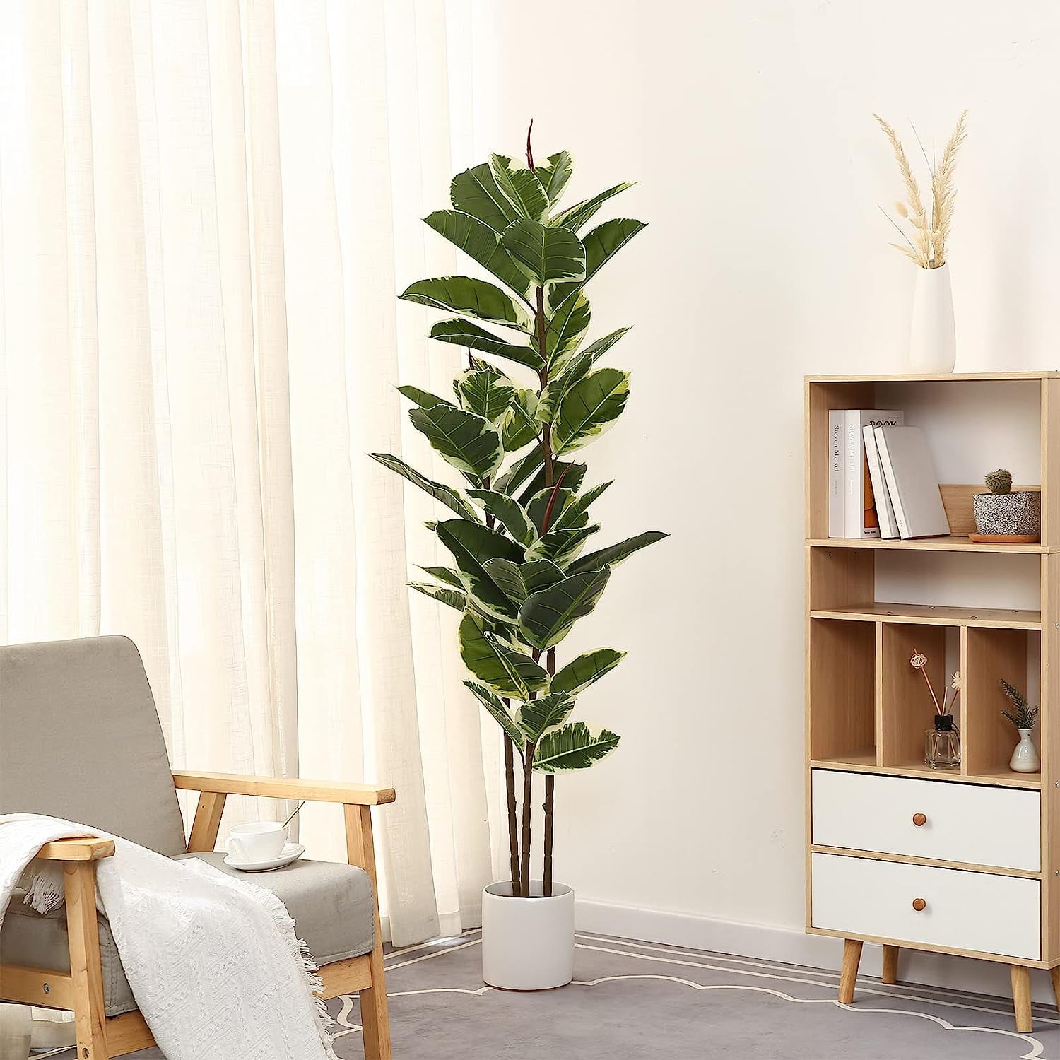 Artificial Rubber Tree Plant 5ft Tall Faux Ficus Tree Potted Fake ...