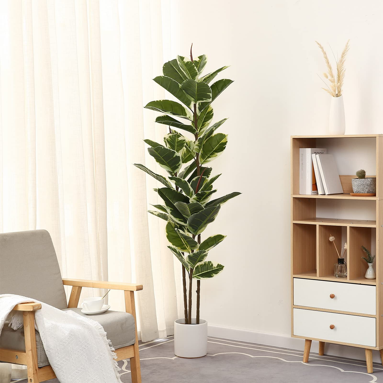 Artificial Rubber Tree Plant 5ft Tall Faux Ficus Tree, Potted Fake ...