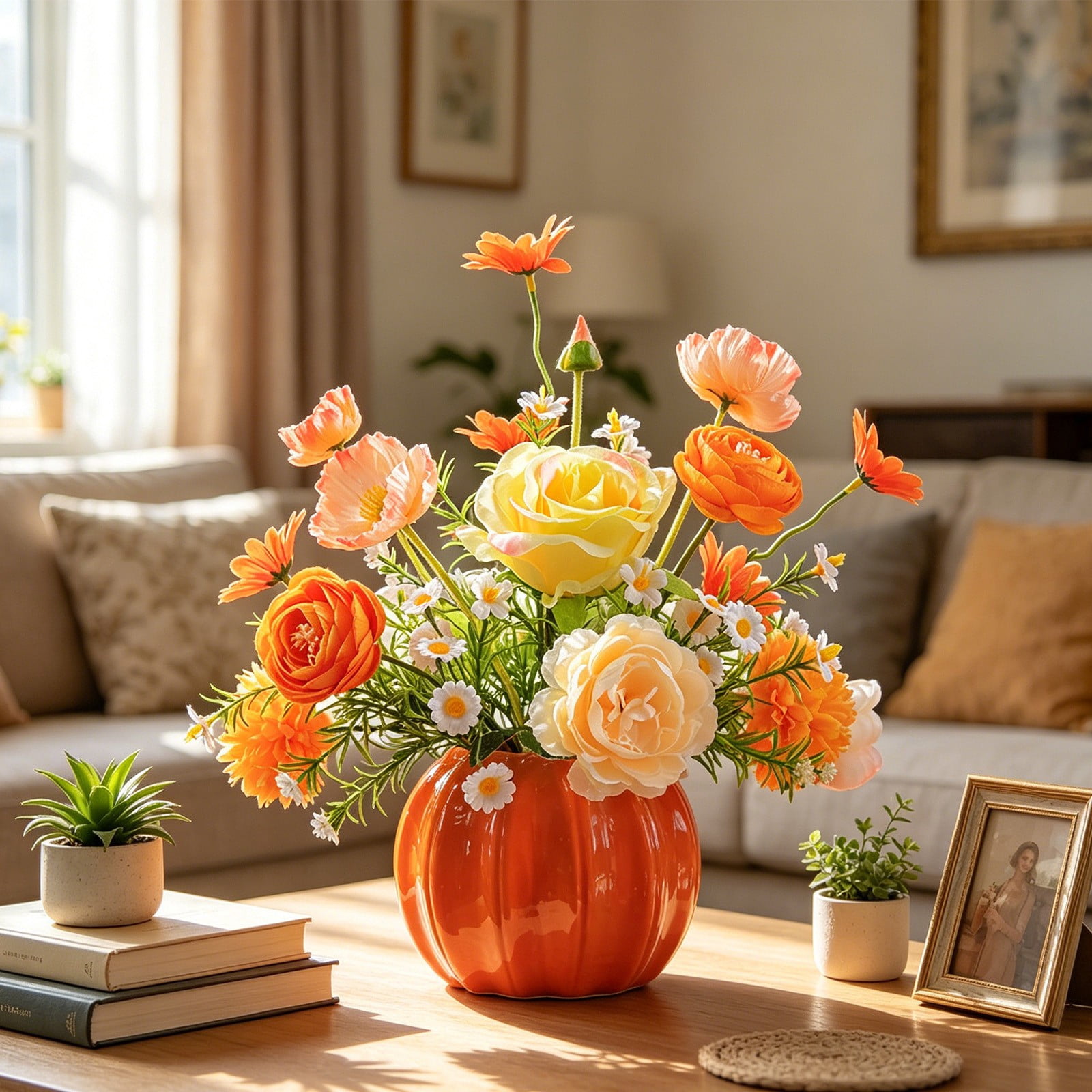Artificial Silk Flower With Ceramic Vase, Faux Floral Table Centerpiece ...
