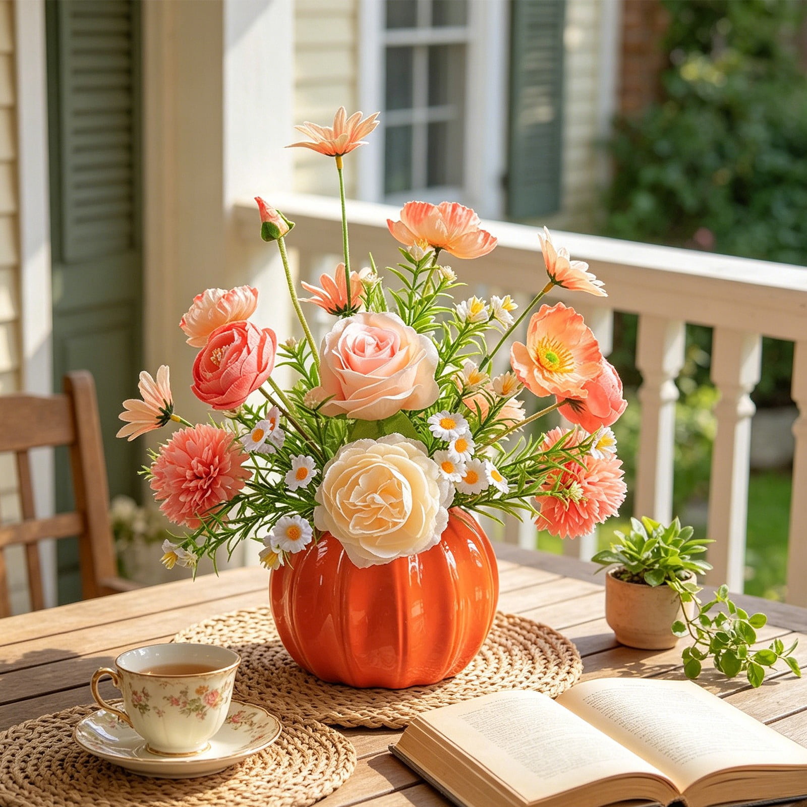 Artificial Silk Flower With Ceramic Vase, Faux Floral Table Centerpiece ...