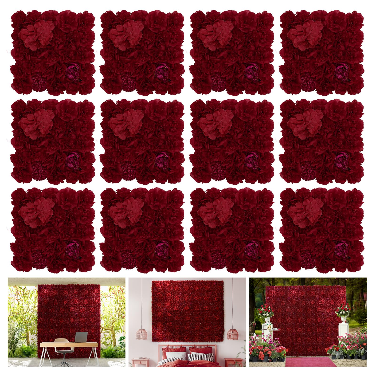 Artificial Silk Flower Wall Panels Backdrop Maroon 12Pack - 15 * 15inch ...